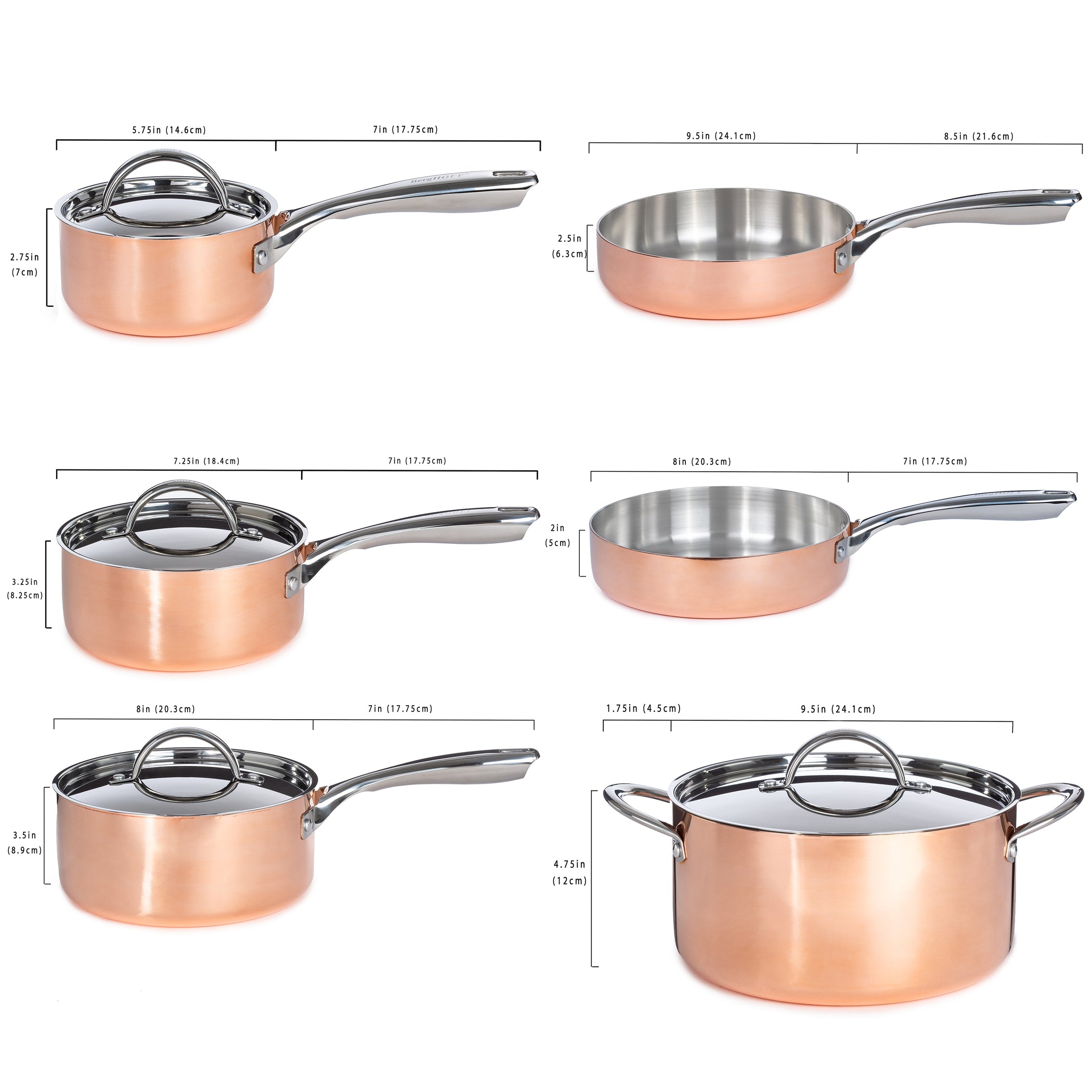 BergHOFF Vintage 10pc Tri-Ply Copper Cookware Set with Lids, Polished