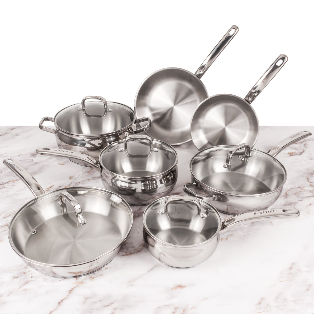 BergHOFF Belly Shape 12pc 18/10 Stainless Steel Cookware Set, Glass Li