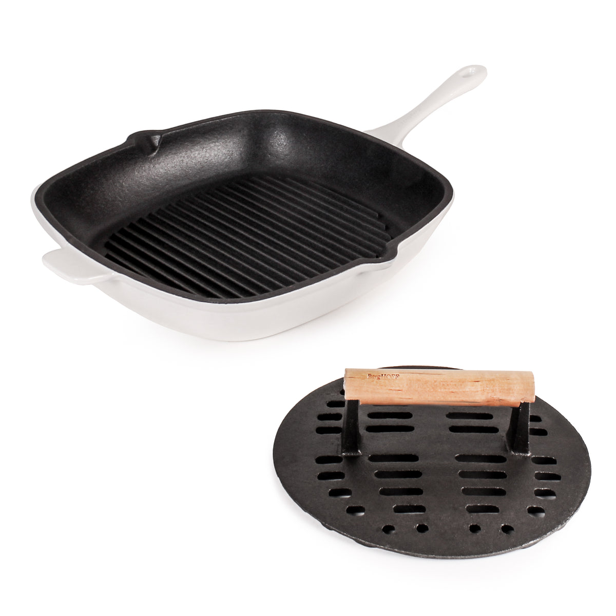 Neo 2pc Cast Iron 11" Grill Pan with Slotted Steak Press, White — BergHOFF