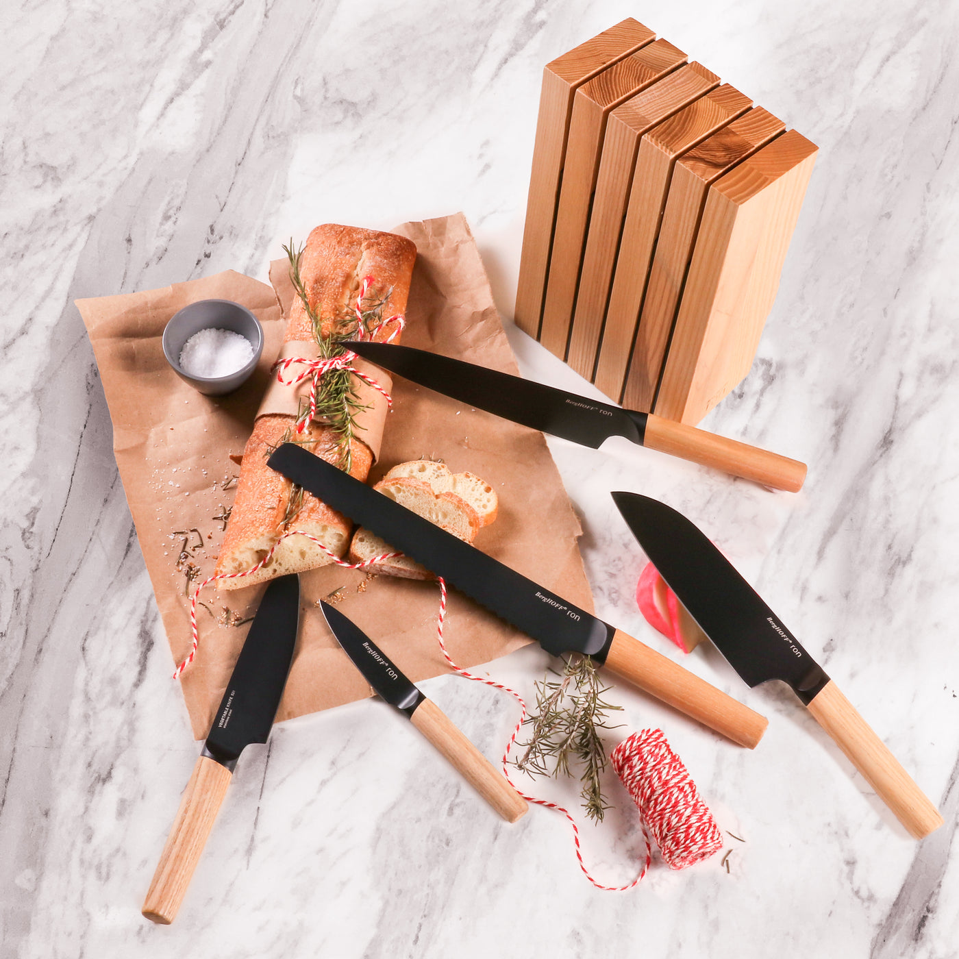 BergHOFF Ron 6Pc Knife Block Set, Natural Wood Handle