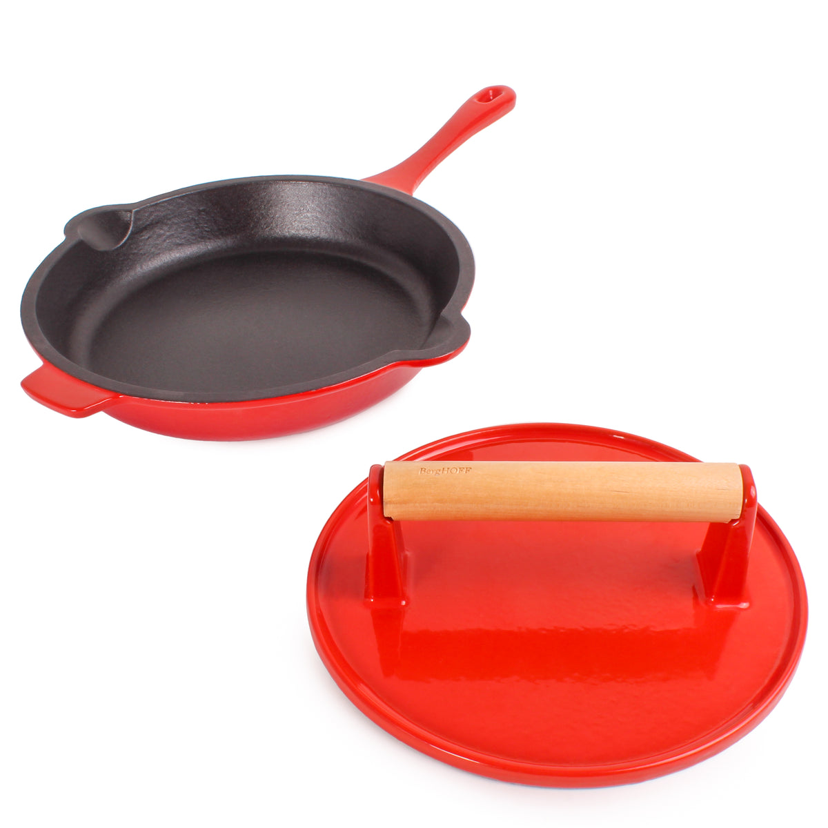 Neo 2pc Cast Iron 10" Fry Pan with Steak Press, Red — BergHOFF