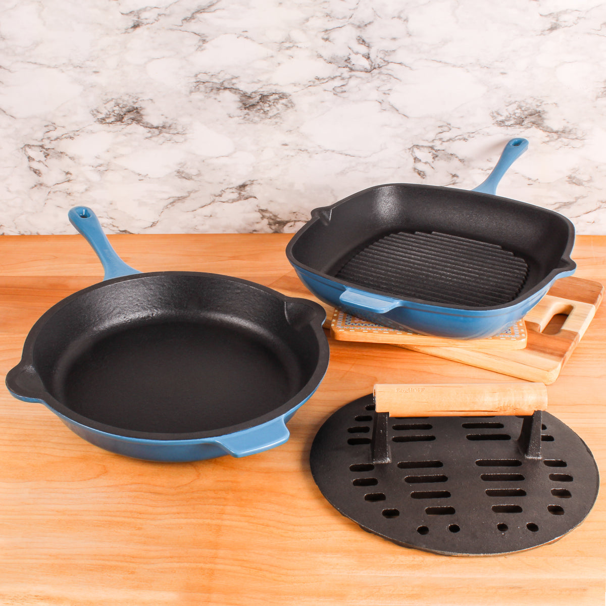 Neo 3pc Cast Iron Fry Pan & Grill Pan Set with Slotted Steak Press ...