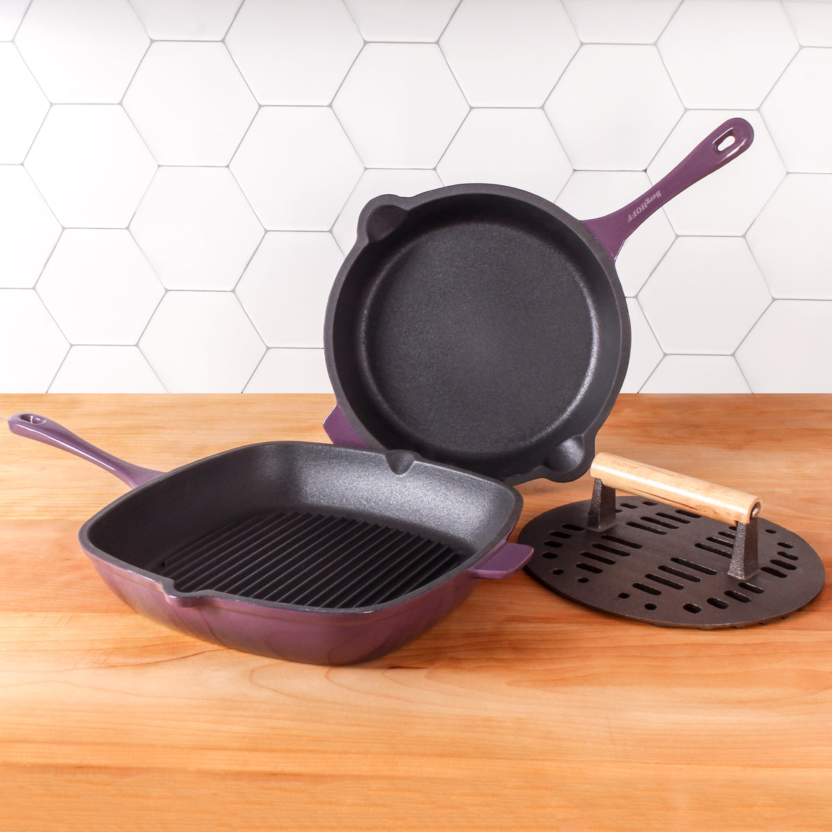 Neo 3pc Cast Iron Fry Pan & Grill Pan Set with Slotted Steak Press ...