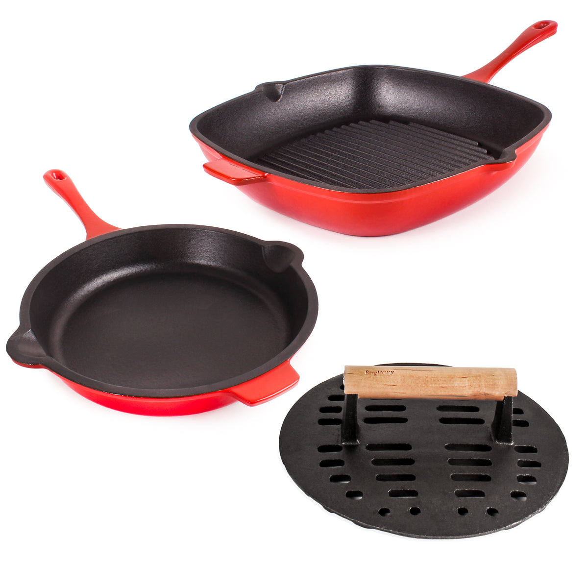 Neo 3pc Cast Iron Fry Pan & Grill Pan Set with Slotted Steak Press, Red ...