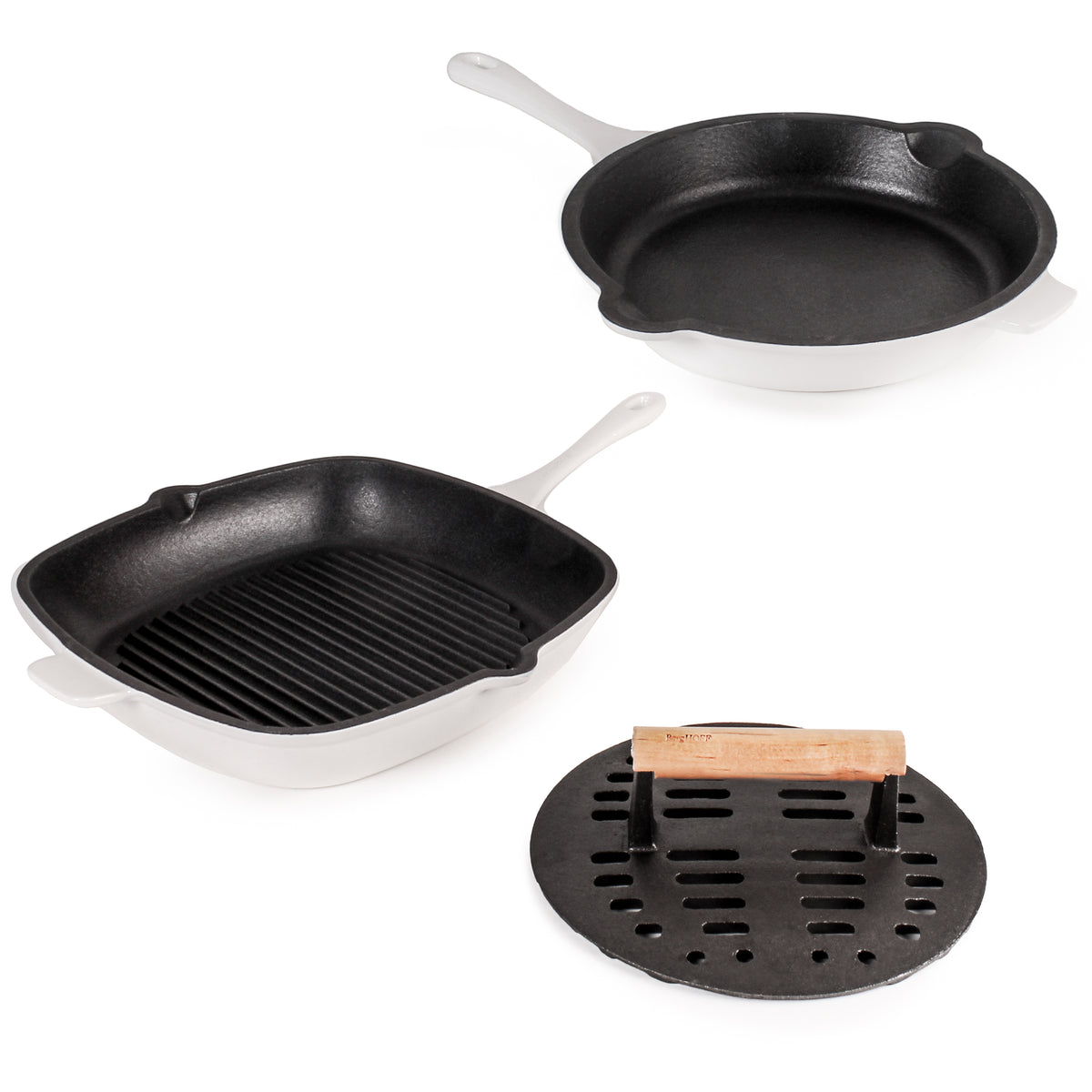 Neo 3pc Cast Iron Fry Pan & Grill Pan Set with Slotted Steak Press ...
