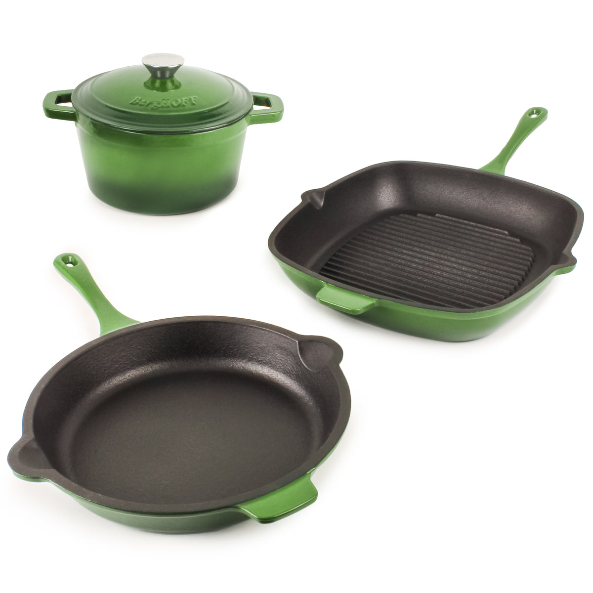 Neo 4pc Cast Iron Cookware Set, Fry Pan, Grill Pan & Round Dutch Oven ...