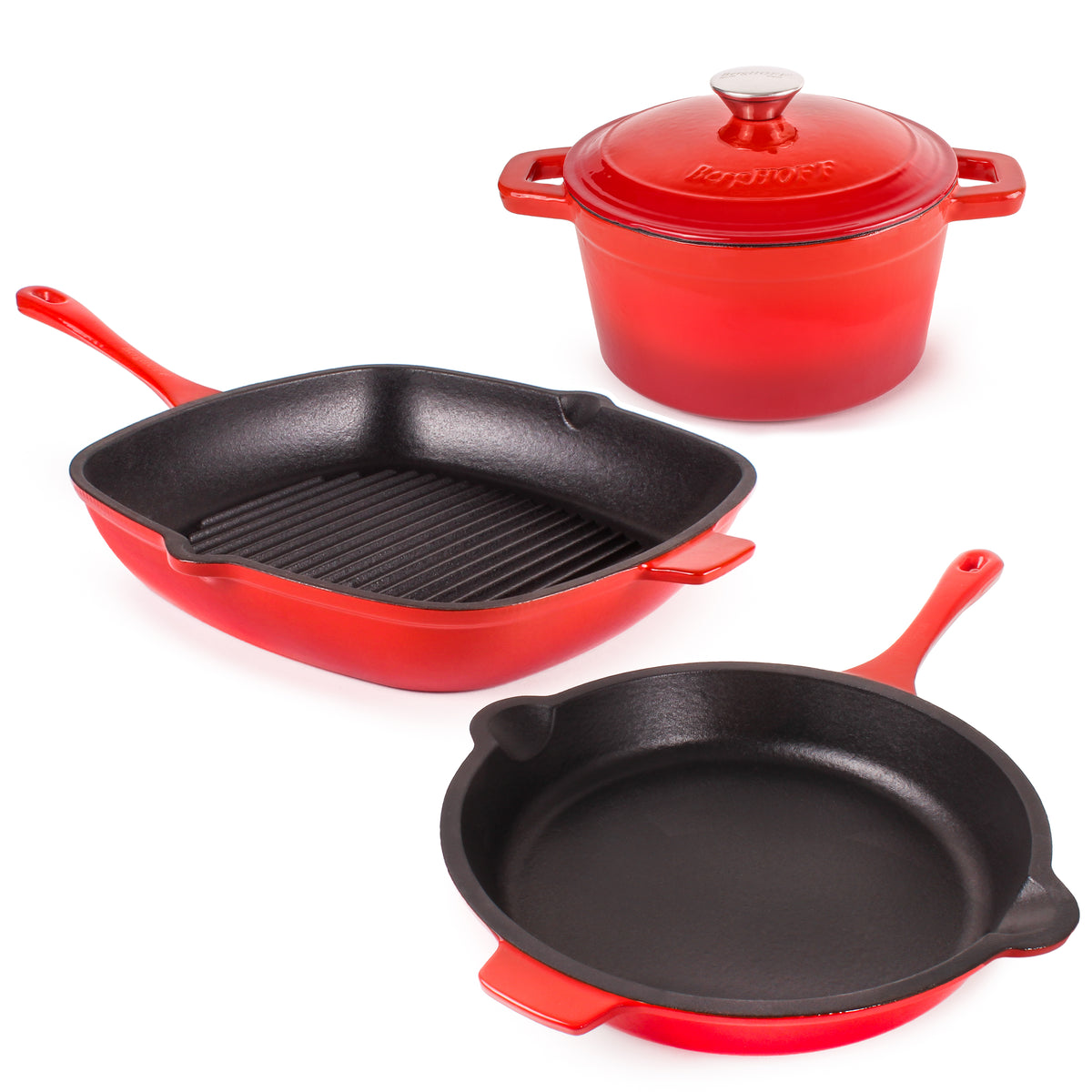 Neo 4pc Cast Iron Cookware Set, Fry Pan, Grill Pan & Round Dutch Oven ...