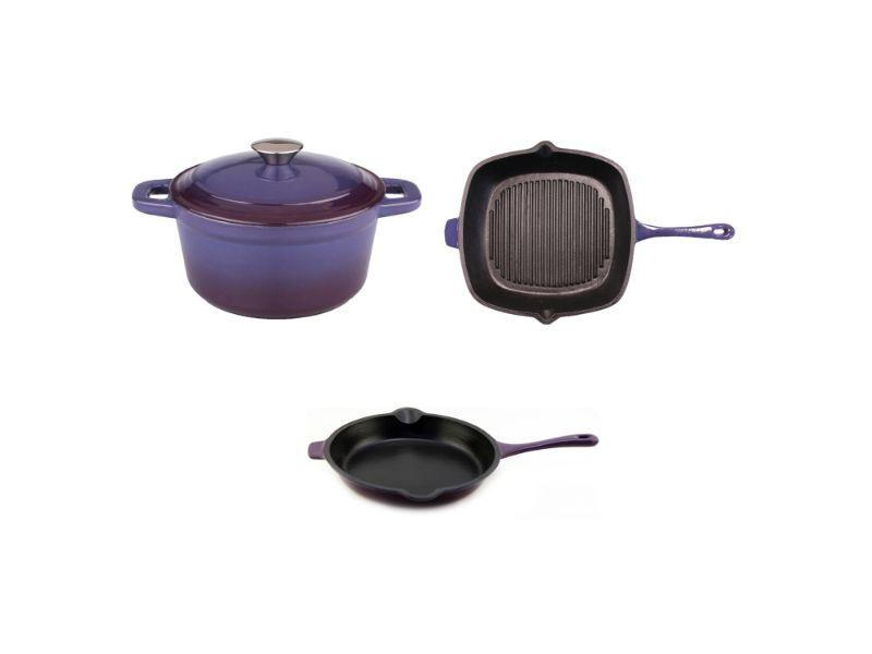 BergHOFF Neo 4pc Cast Iron Cookware Set, Fry Pan, Grill Pan & Round Du